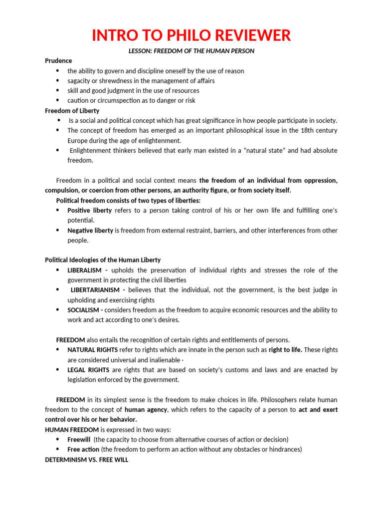 Intro To Philo Reviewer | PDF | Free Will | Liberty