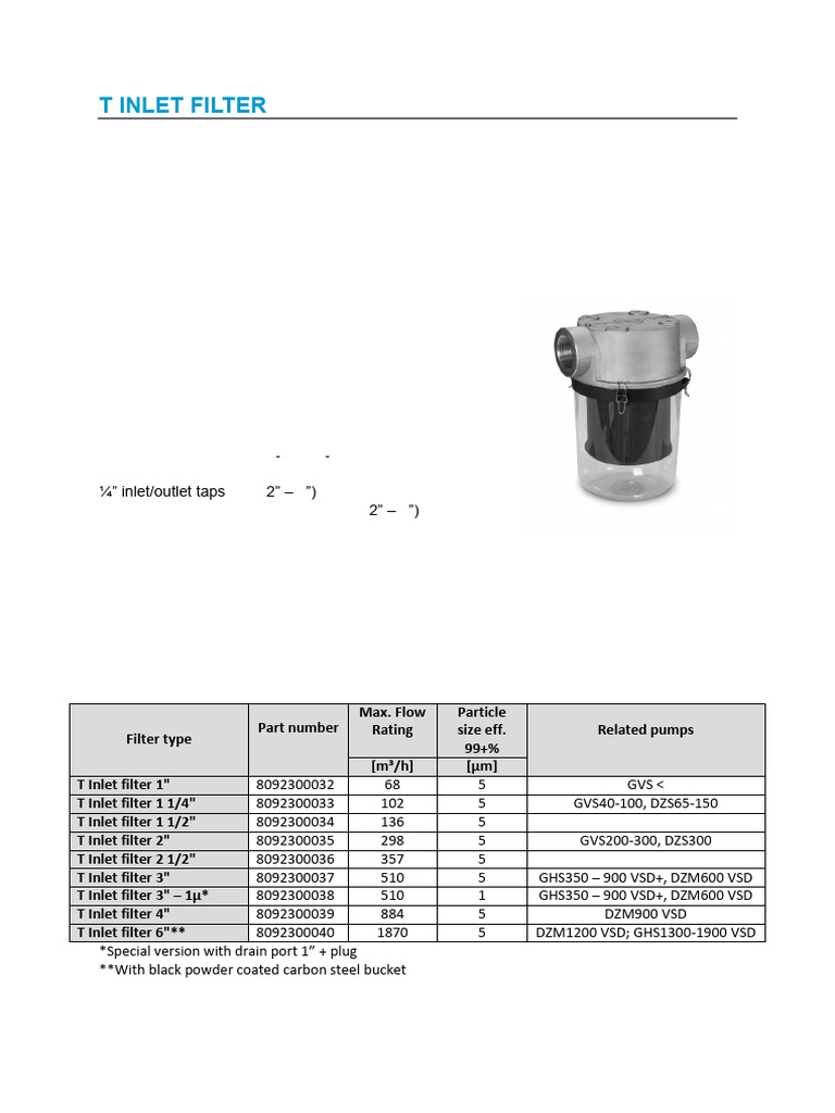 T Inlet Filter - Product Specification Sheet | PDF
