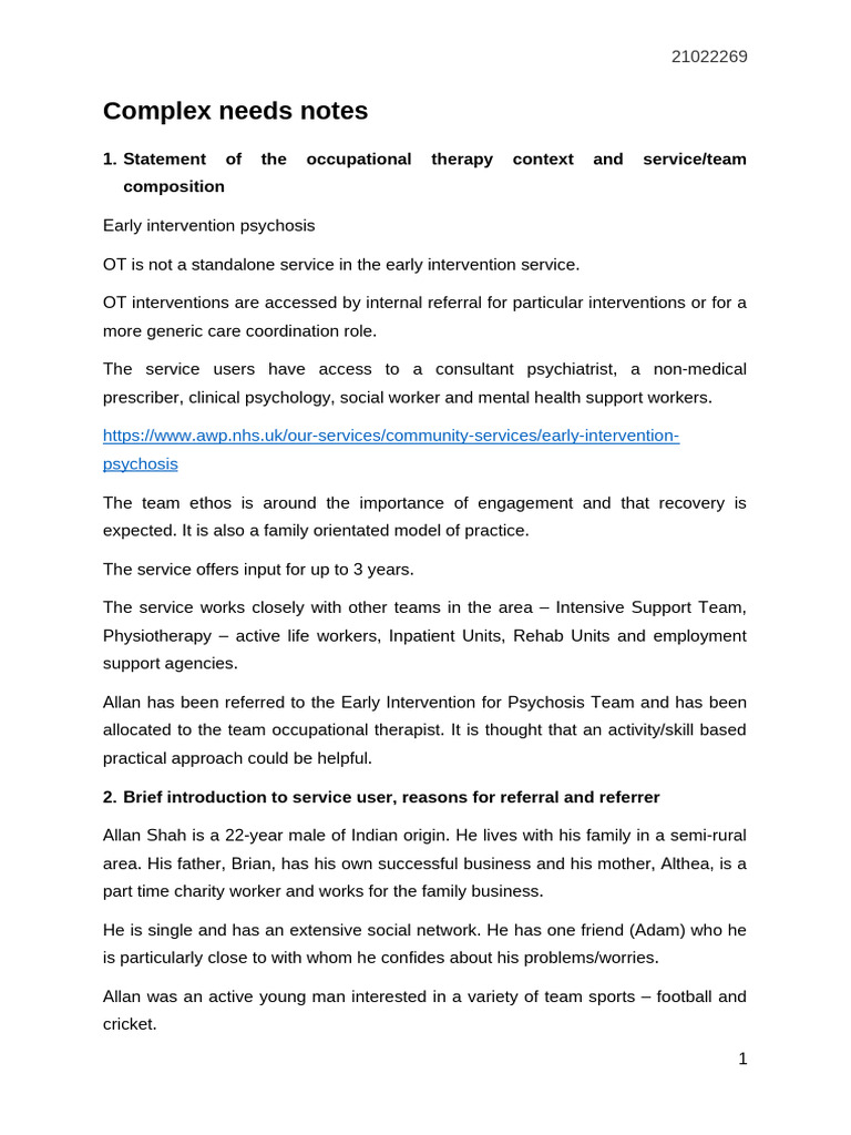 Complex Needs Notes | PDF | Psychosis | Occupational Therapy