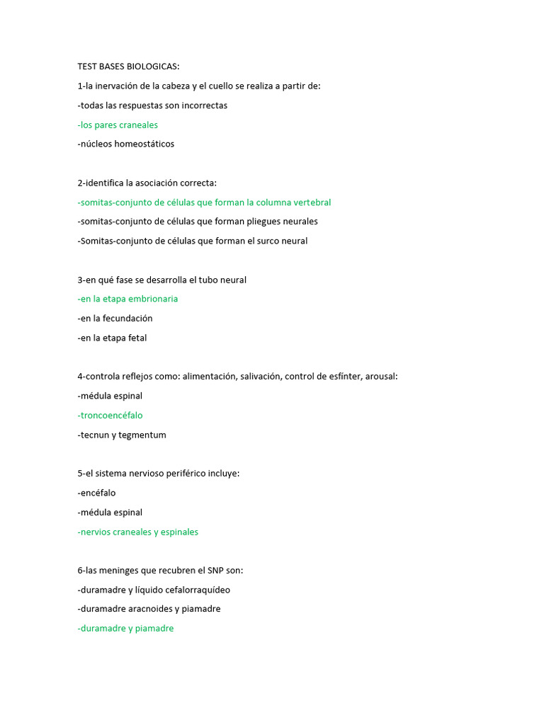 Test Bases Biologicas | PDF | Cerebro | Neuropsicología