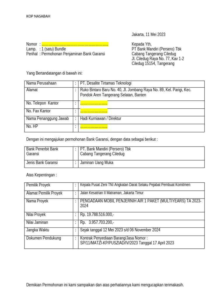Draft Surat Perm Mandiri PT. Desalite Tirtamas Teknologi Jamuk 3.9M | PDF