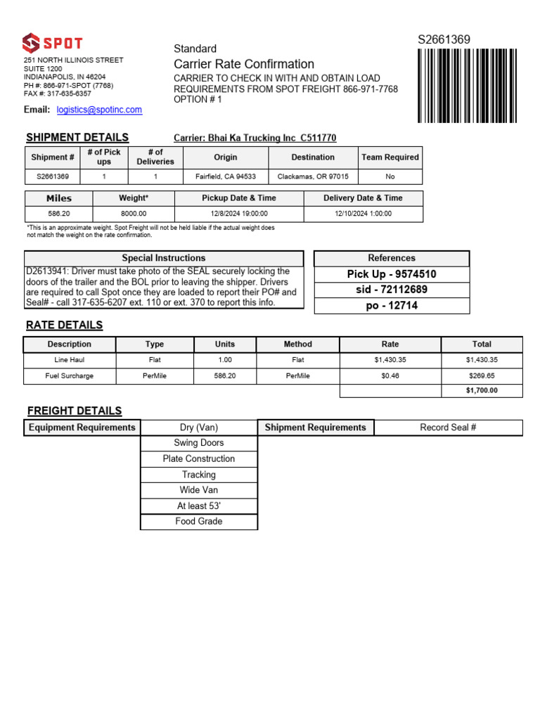 Carrier Rate Confirmation for Shipment | PDF | Cargo | Transport