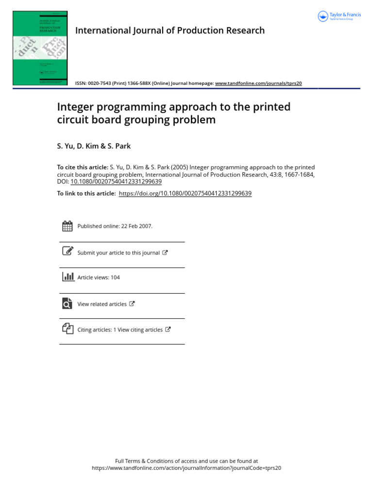 Integer Programming Approach To The Printed Circuit Board Grouping Problem Pdf Theoretical