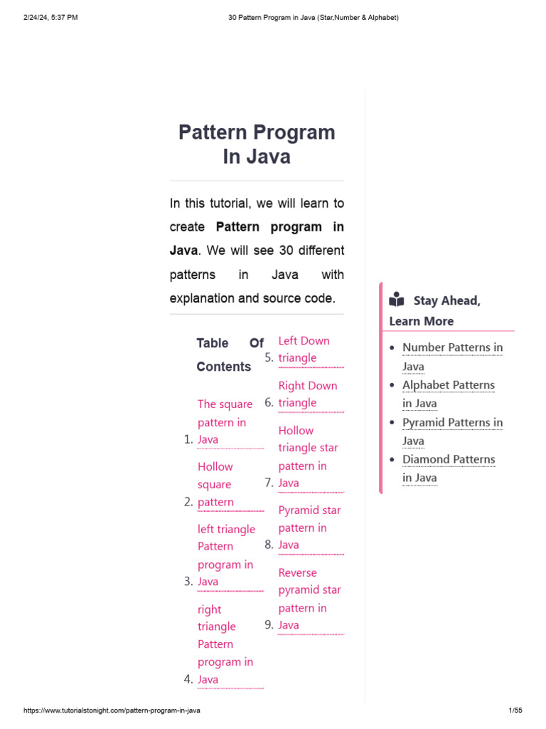 30 Pattern Program in Java (Star, Number & Alphabet) | PDF | Software Development | Computing