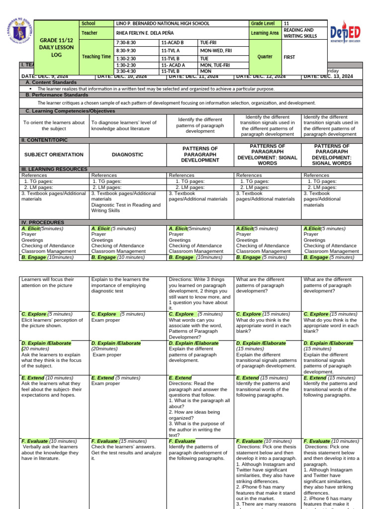 Lesson Plan Rws Week1 Sy24-25 | PDF | Classroom Management | Learning