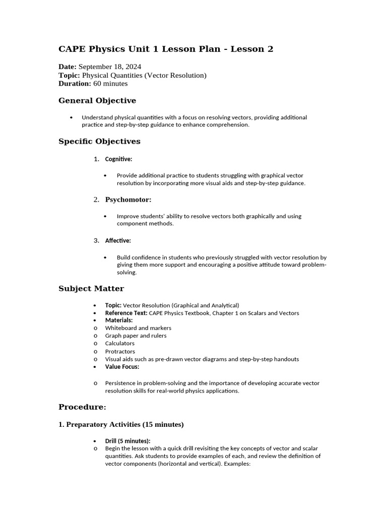 CAPE Physics Unit 1 Lesson Plan - Lesson 2 | PDF | Euclidean Vector | Force