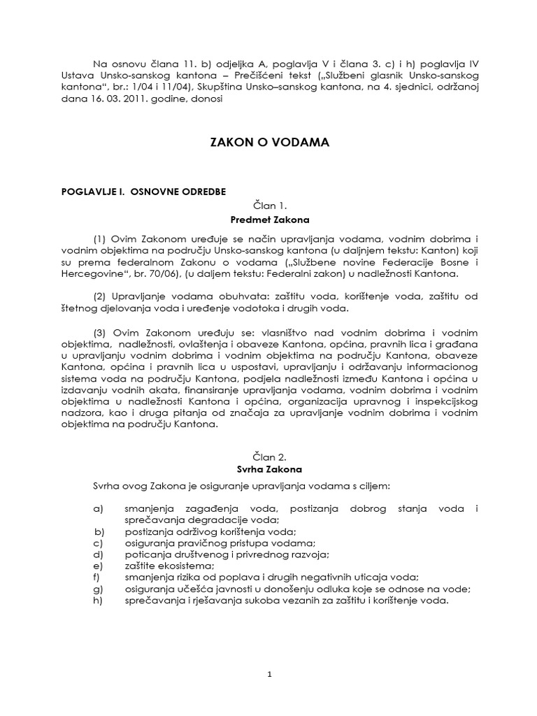 Zakon o Vodama (Unsko-sanski Kanton) | PDF