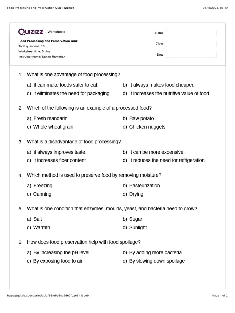 Substitution Task-Food Processing and Preservation Quiz | PDF | Food ...