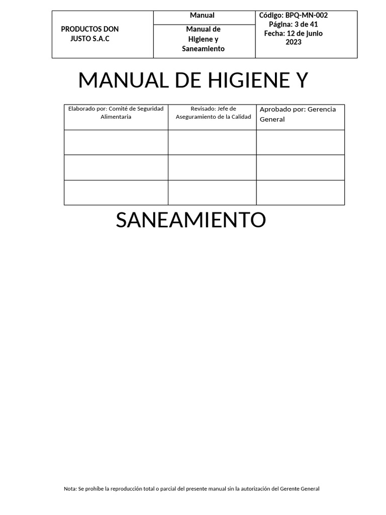 Manual de Higiene y Saneamiento | PDF | Alimentos | Seguridad alimenticia