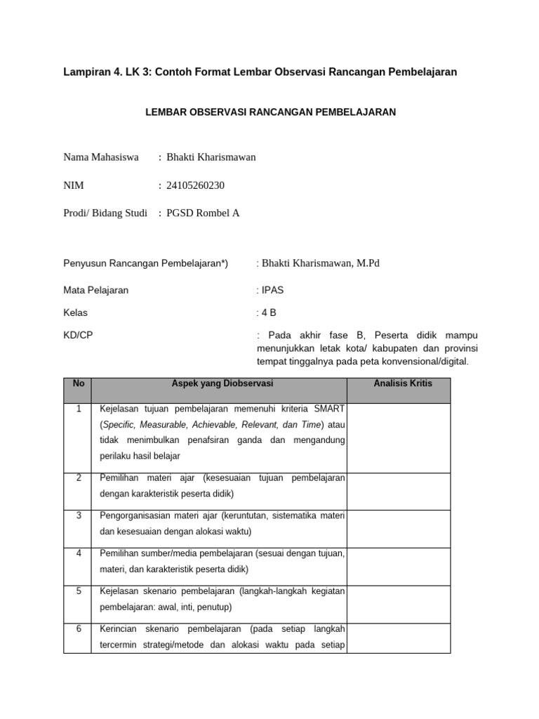 Lampiran 4. LK 3 Contoh Format Lembar Observasi Rancangan Pembelajaran PPL Terb Fase 1 Bhakti | PDF