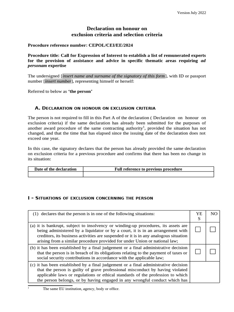 Exclusion and Selection Criteria Declaration | PDF | European Union ...