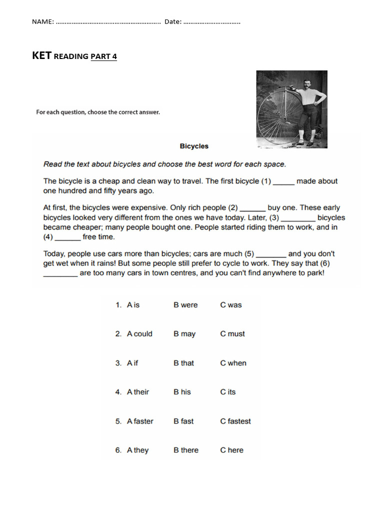 4.KET Reading Part 4 - BICYCLES - Esleschool.com Students | PDF