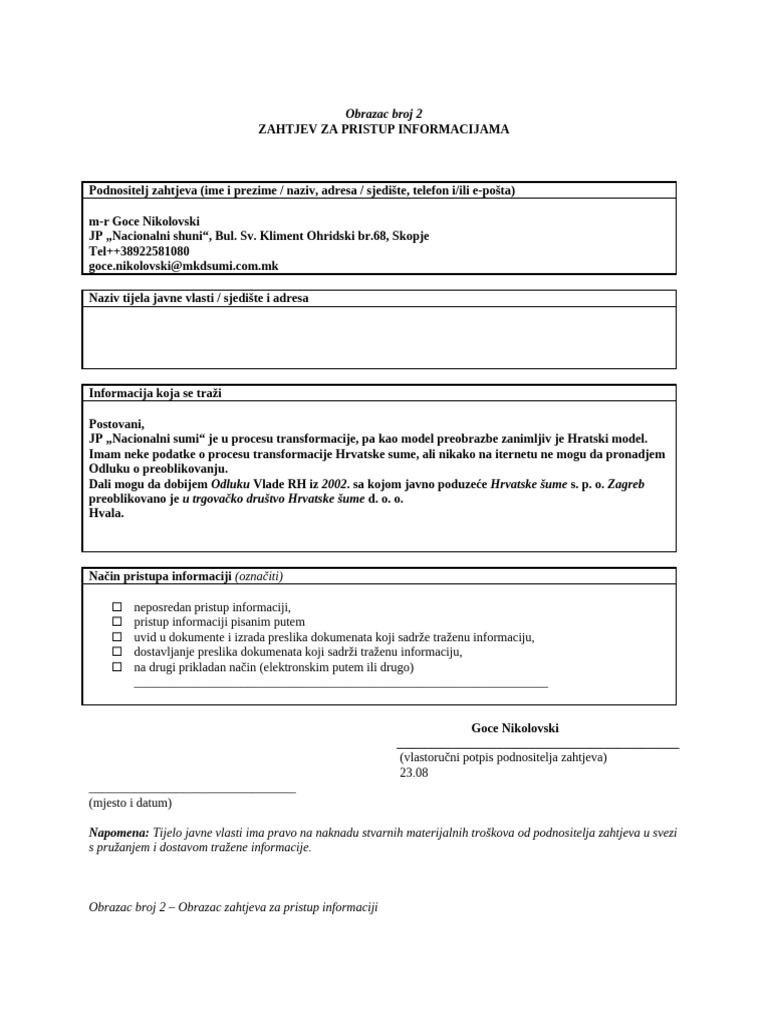 Obrazac 2 Zahtjev Za Pristup Informacijama Novi 2014 | PDF