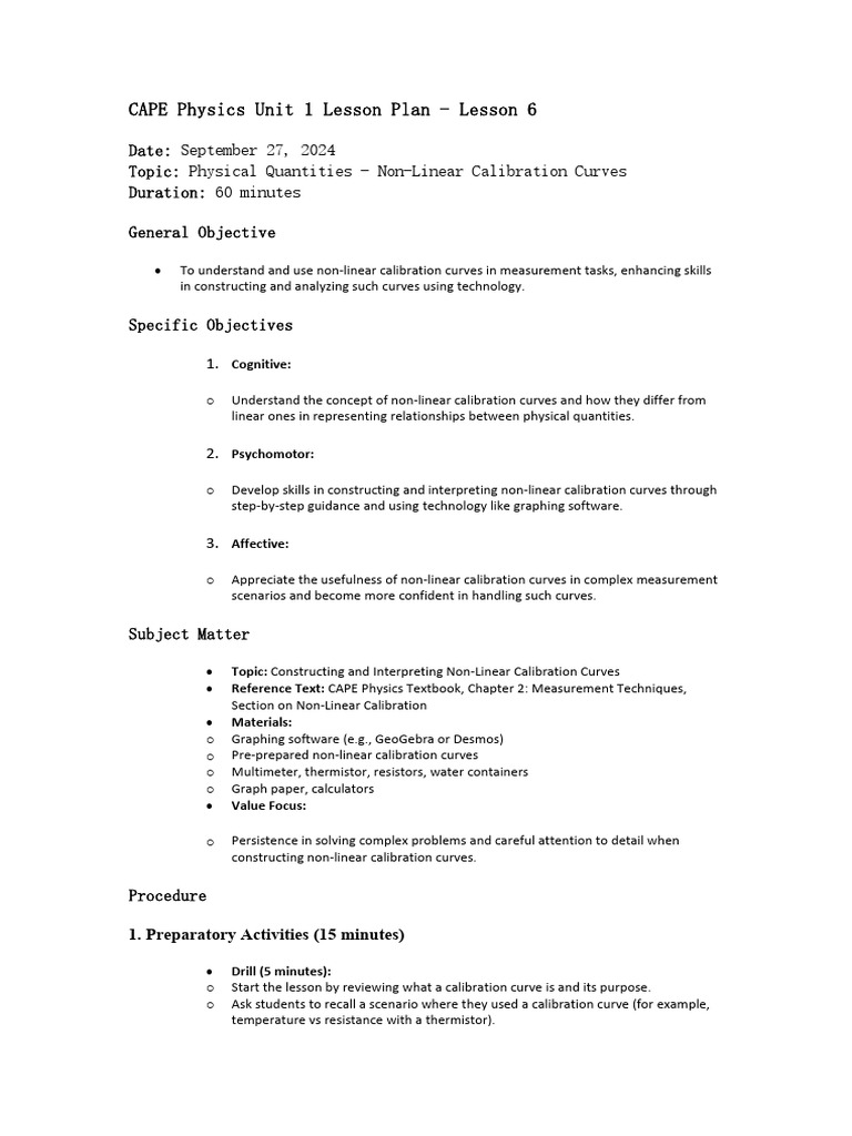 Non-Linear Calibration Curves Lesson Plan | PDF | Calibration | Electrical Resistance And ...
