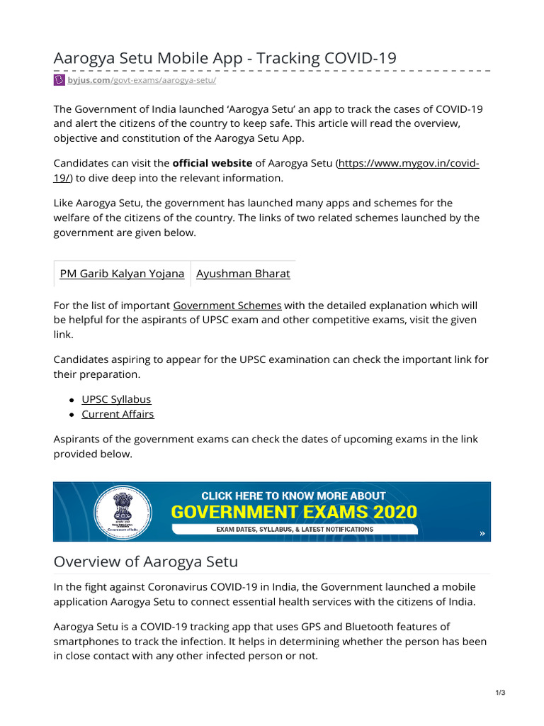 Aarogya Setu Mobile App - Tracking COVID-19 | PDF