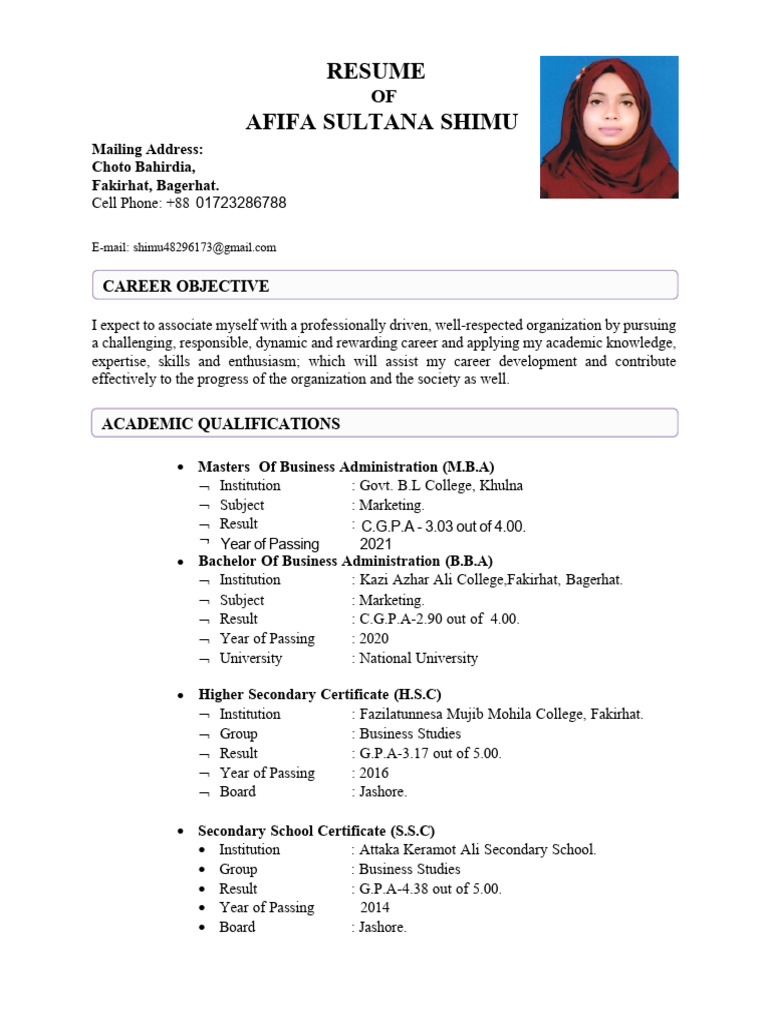 CV of Afifa Sultana Shimu | PDF