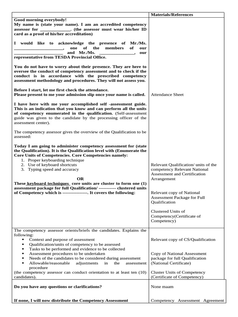 Assessors Script Btvted 18 | PDF