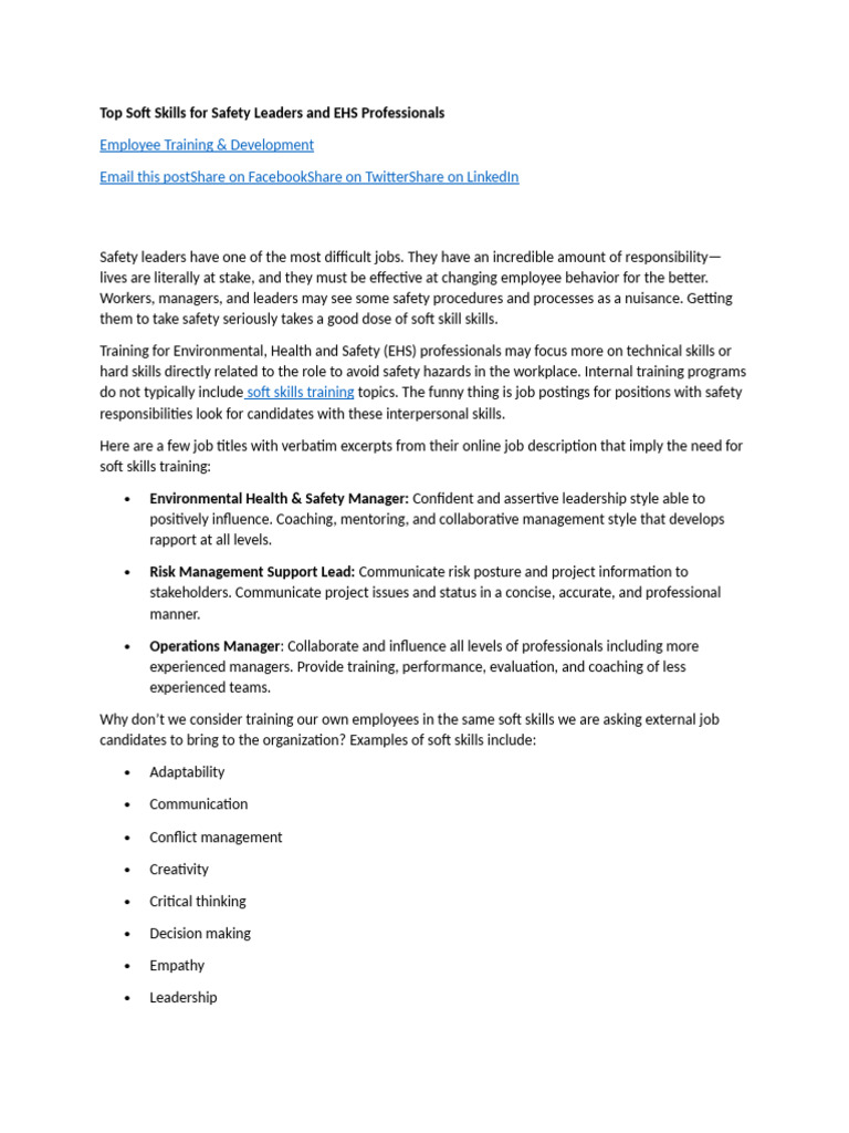 Top Soft Skills for Safety Leaders and EHS Professionals | PDF ...