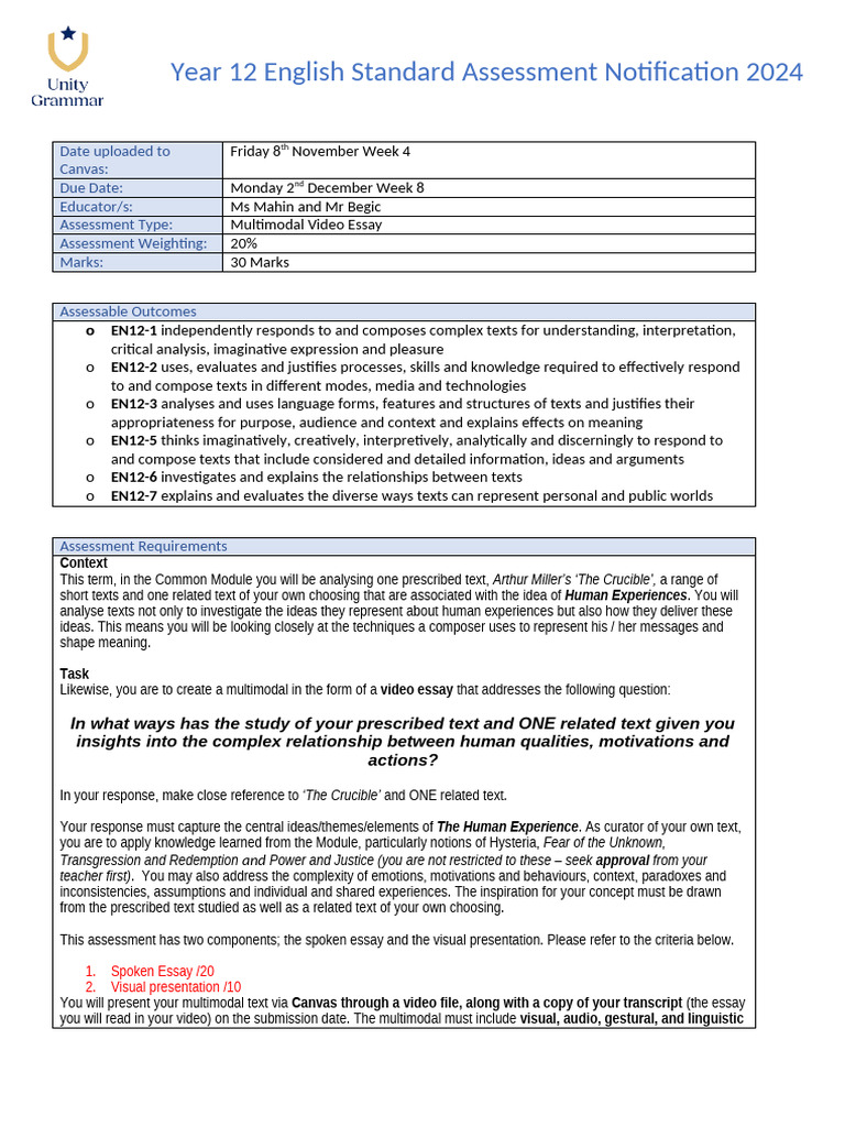 Year 12 Standard English Task 1 Notification | PDF | Essays | Plagiarism