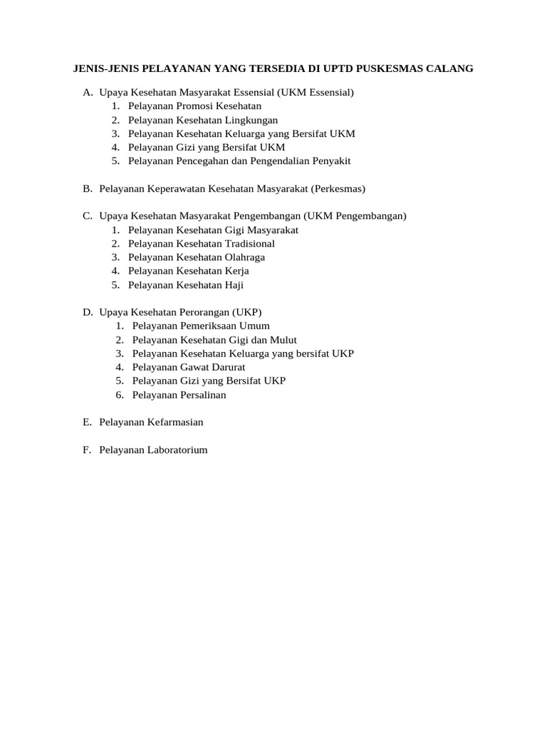 Jenis-Jenis Pelayanan Di Uptd Puskesmas Calang | PDF