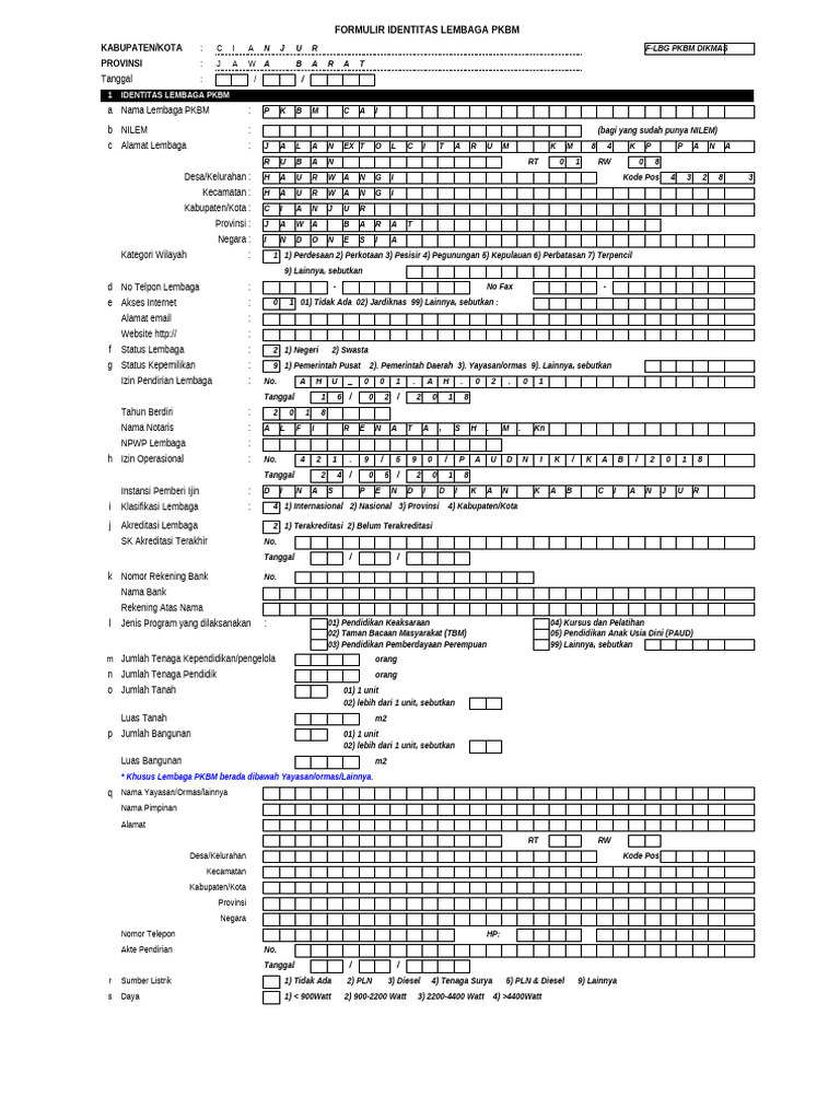 Formulir lembaga dan peserta PKBM CAI | PDF
