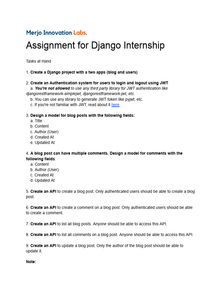 Assignment for Backend Developer Internship - Merjo Innovation Labs | PDF