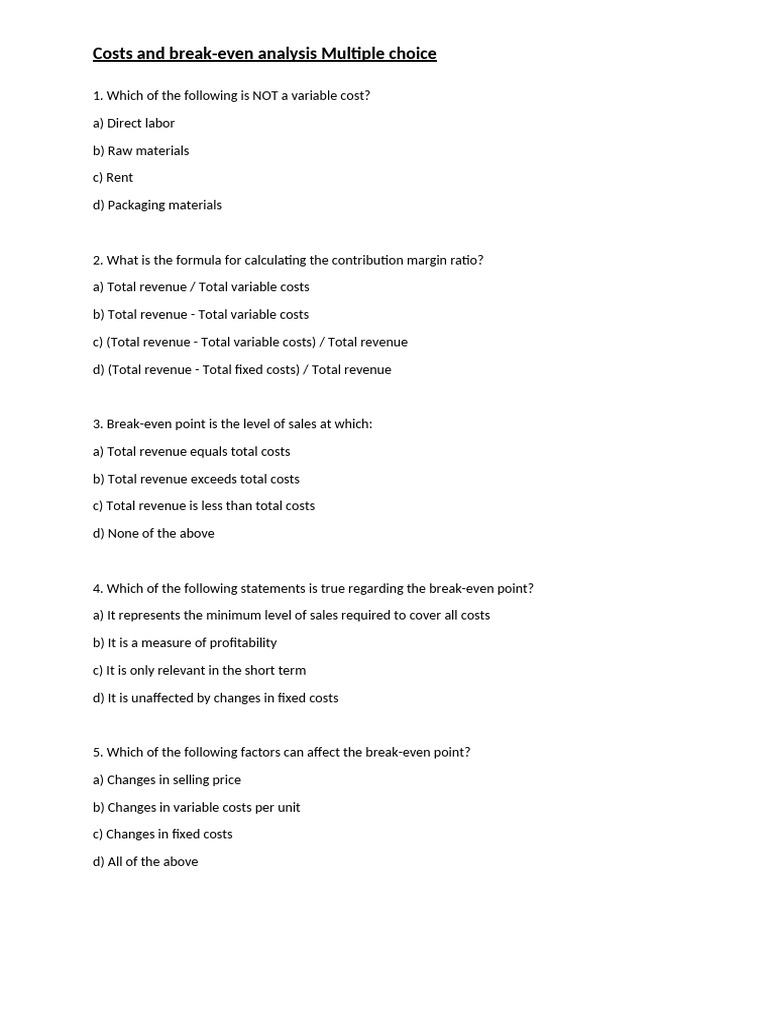 Costs-and-break-even-analysis-Multiple-choice | PDF Costs-and-break-even-analysis-Multiple-choice | PDF