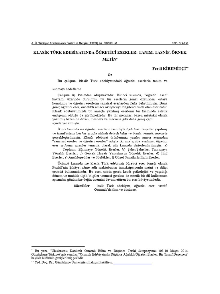 Klas K T RK Edeb Yatinda Ret C Eserler Tanim, Tasn F, Rnek Met N (#40168) - 33781 | PDF