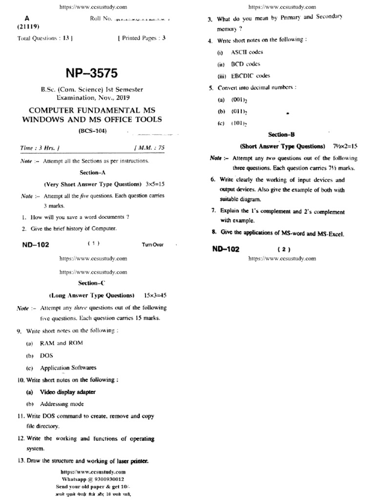 BSC 1 Sem Cs Computer Fundamental Ms Windows and Ms Office Tools | PDF