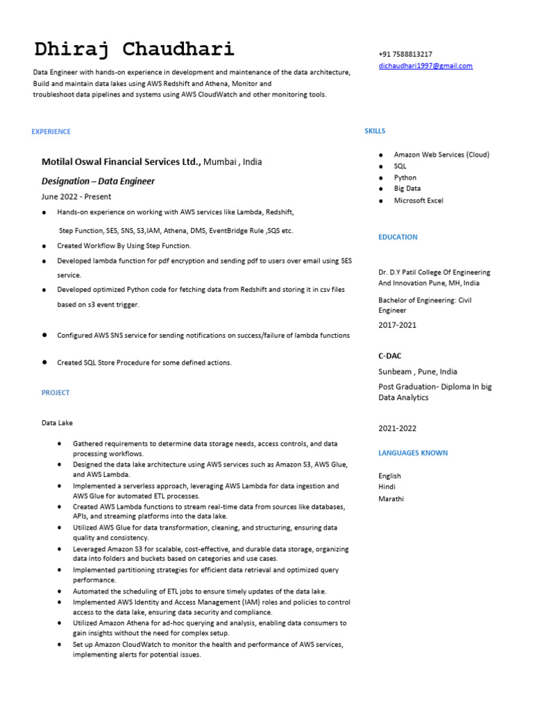CV Dhiraj Chaudhari Data Engineer | PDF | Amazon Web Services | Information Technology