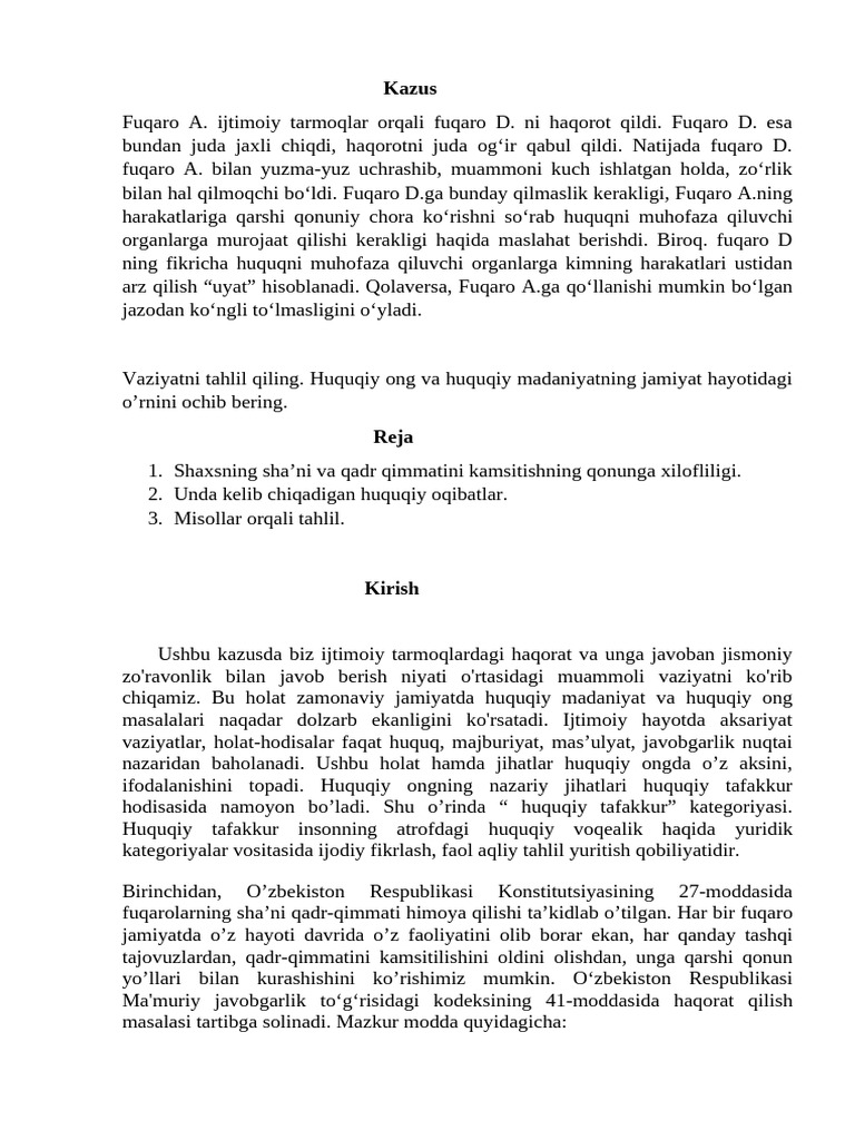 Nomozova Dilorom DHN Oraliq Kazus | PDF