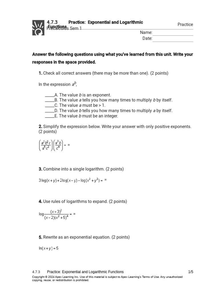 4.7.3 Practice - Exponential and Logarithmic Functions (Practice) | PDF ...
