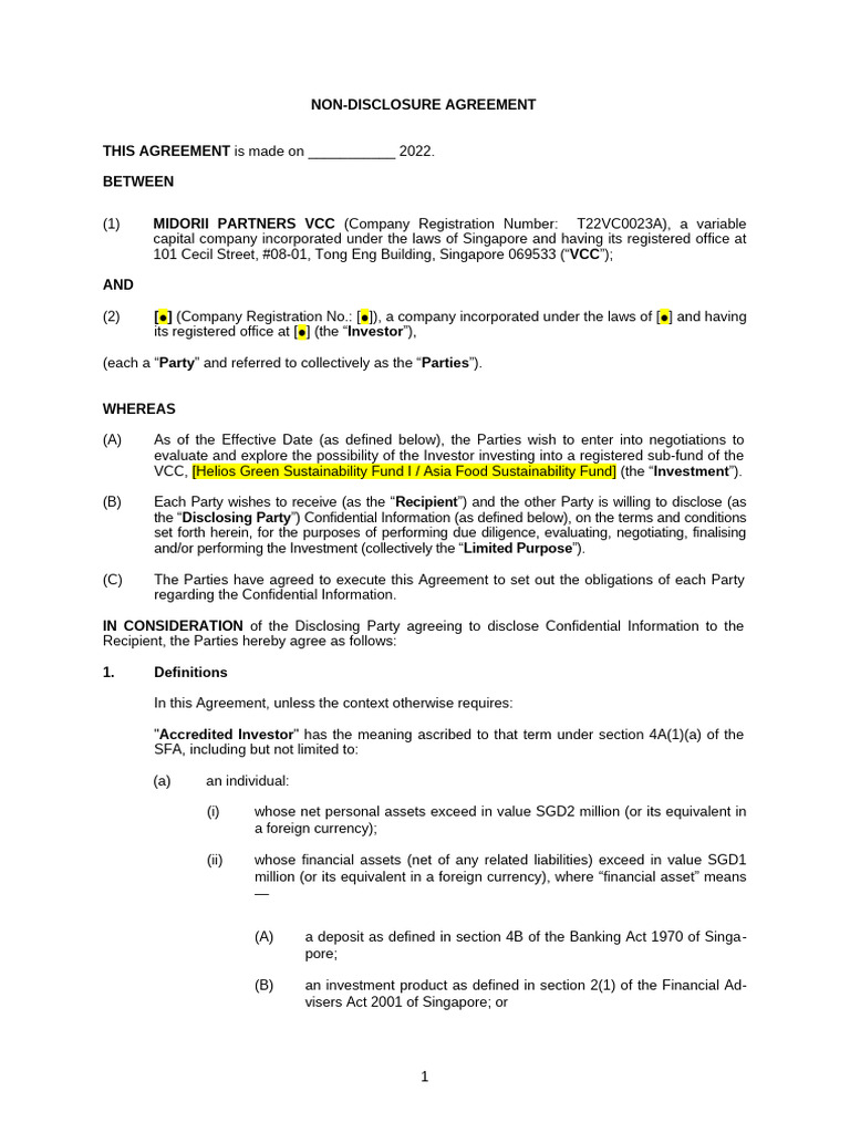 Midorii Partners VCC - NDA Template (BFL 070722) (Sent) | PDF | Arbitration | Breach Of Contract