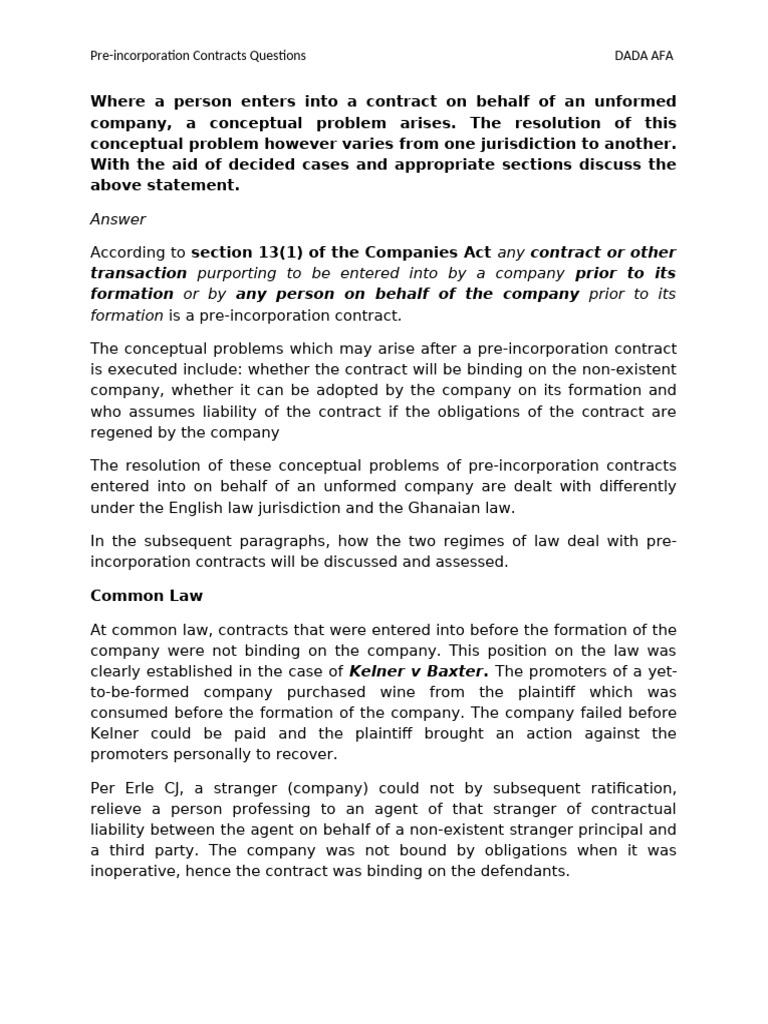 Pre Incorporation Contracts | PDF | Ratification | Legal Liability