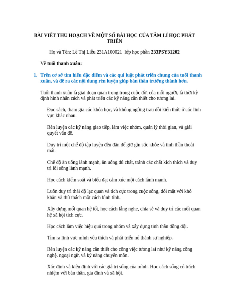 TLH Về TL Tuổi Thanh Xuân - Trưởng Thành Và Người Già | PDF