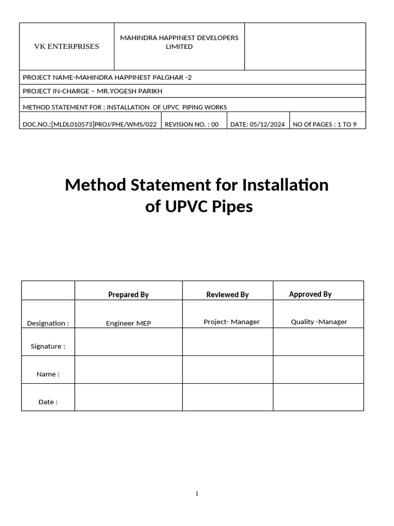 PHE-WMS-026 - Installation of UPVC Pipes | PDF | Pipe (Fluid Conveyance) | Building Engineering