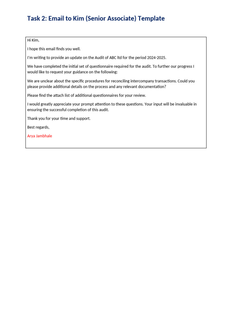 Task 2 - Email To Kim (Senior Associate) Template | PDF