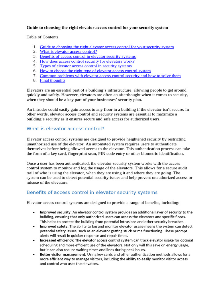 Guide to Choosing the Right Elevator Access Control for Your Security System | PDF | Access ...