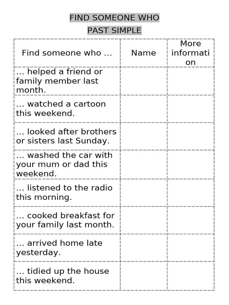 FIND SOMEONE WHO Past Simple Regular Verbs | PDF