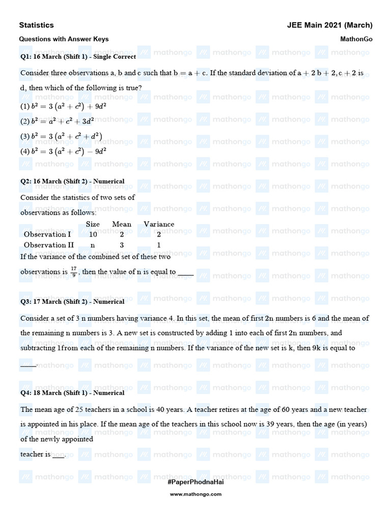Mathongo Question Statistics Jee Main 2021 March Chapterwise MlGfAUQxOoHTsdro151l | PDF ...