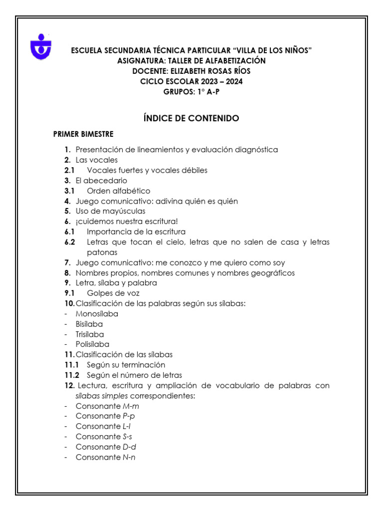 Índice 1ro Completo | PDF | Sílaba | Parte del discurso