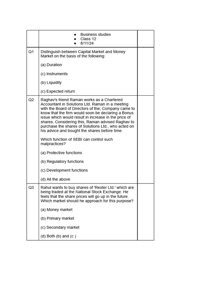 Business Studies Practice Questions Ch-Financial Market | PDF