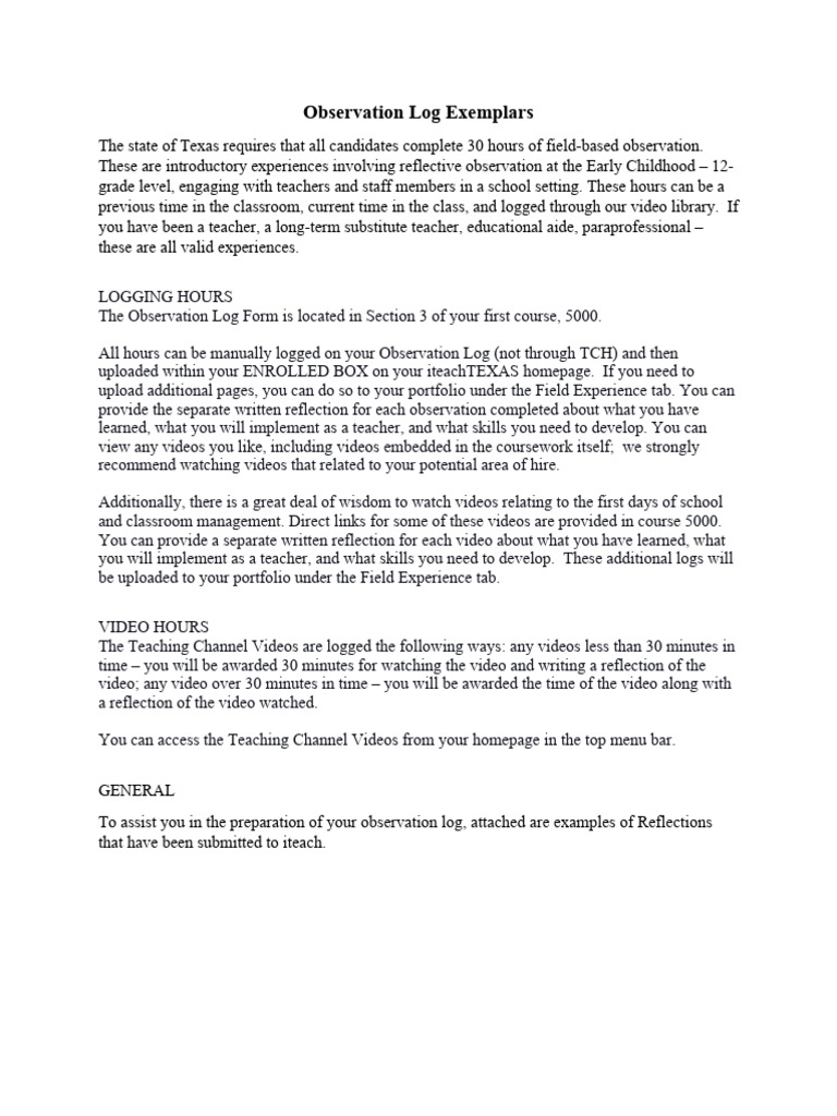 Observation Log Examples Full Iteach | PDF