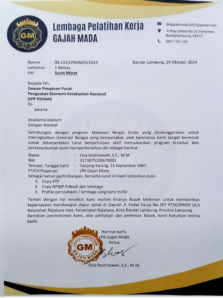 Surat Minat Program Makanan Bergizi | PDF