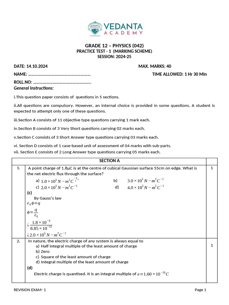 Grade 12 - Physics - MS - PT-1 (14.10.2024) | PDF | Electric Field | Force