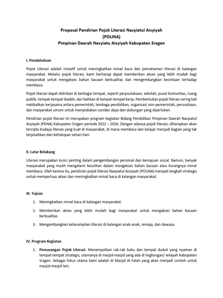 Proposal Pendirian Pojok Literasi Bidang Pendidikan PDNA Sragen | PDF