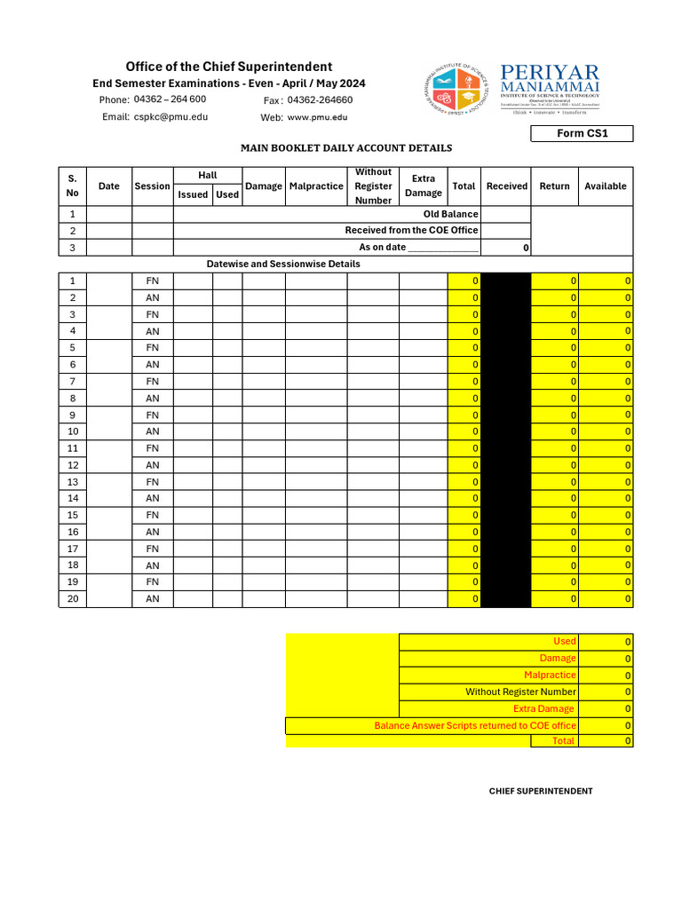 FORM CS1-Main Sheet Daily Account Details | PDF