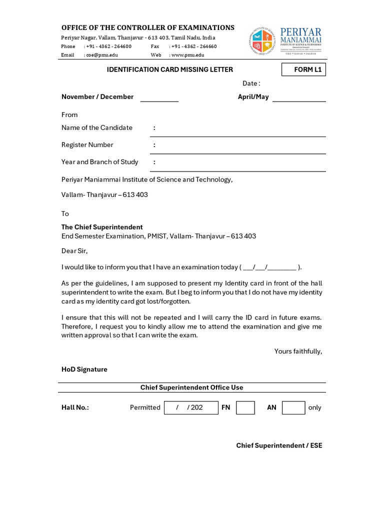 FORM L1-Identification Card Missing Letter | PDF