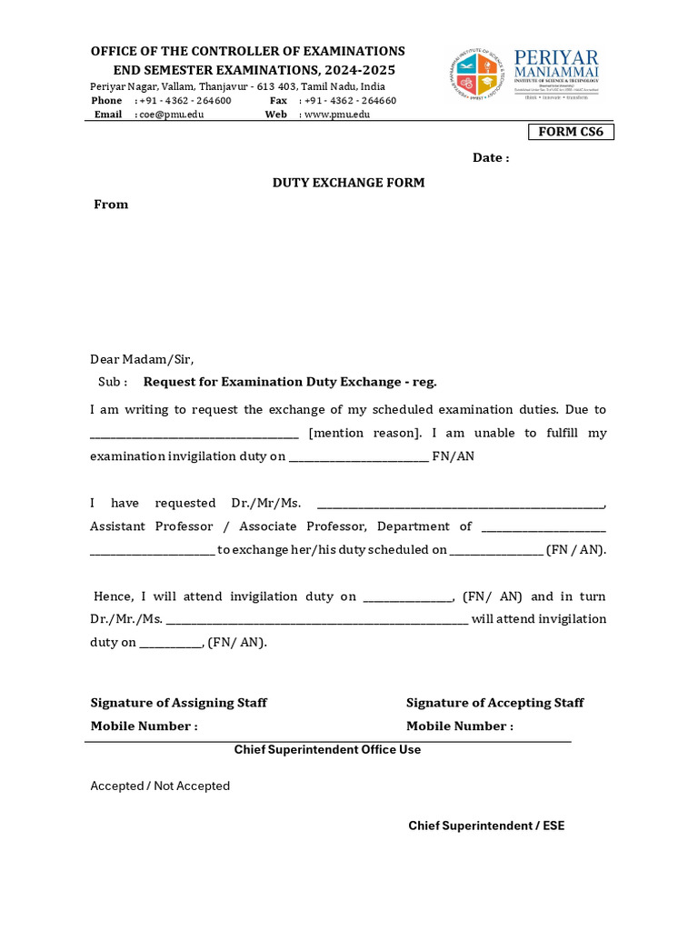 FORM CS6-Duty Exchange Form | PDF