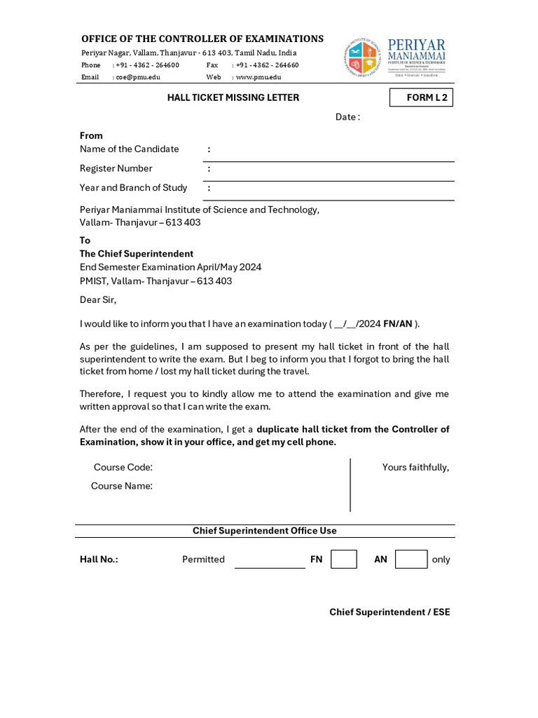 Hall Ticket Missing Request Letter | PDF